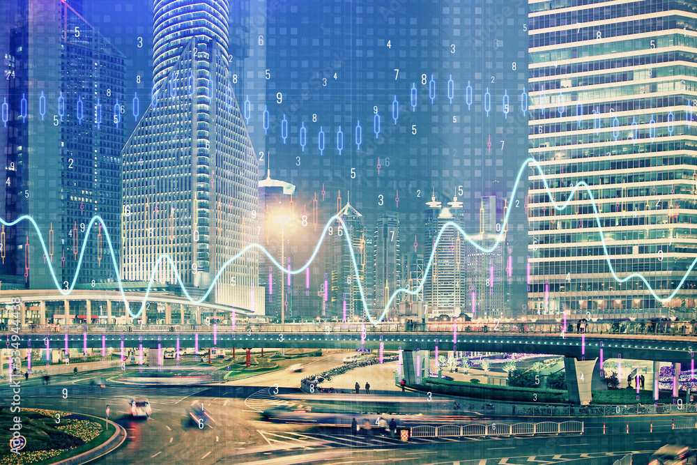 Financial chart on city scape with tall buildings background multi ...