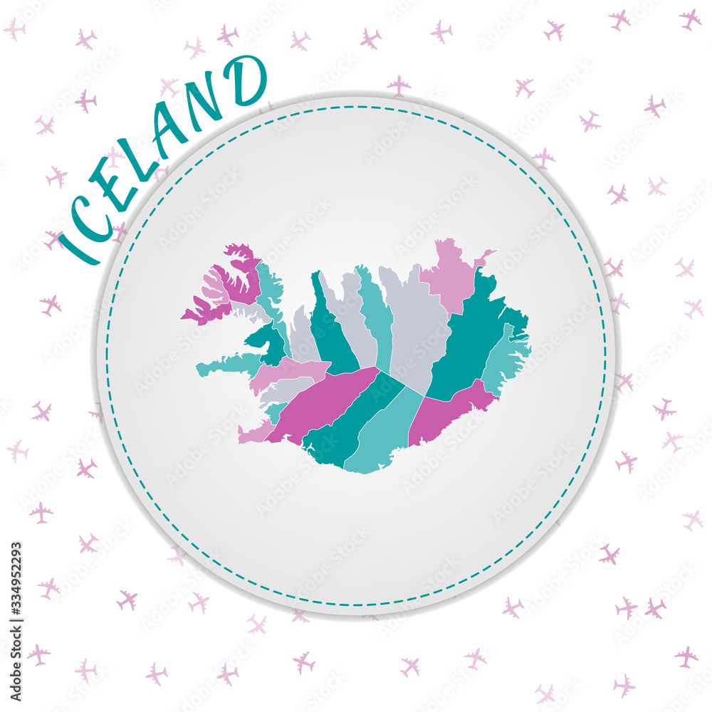 Iceland map design. Map of the country with regions in emerald-amethyst ...