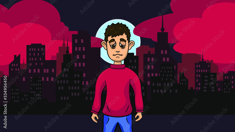 Sad man in depressed walking on street. Night city background with moon ...