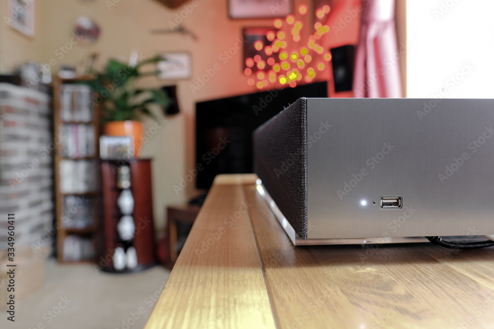 Shallow focus of a luxury hi-res streamer and smart speaker seen in a ...