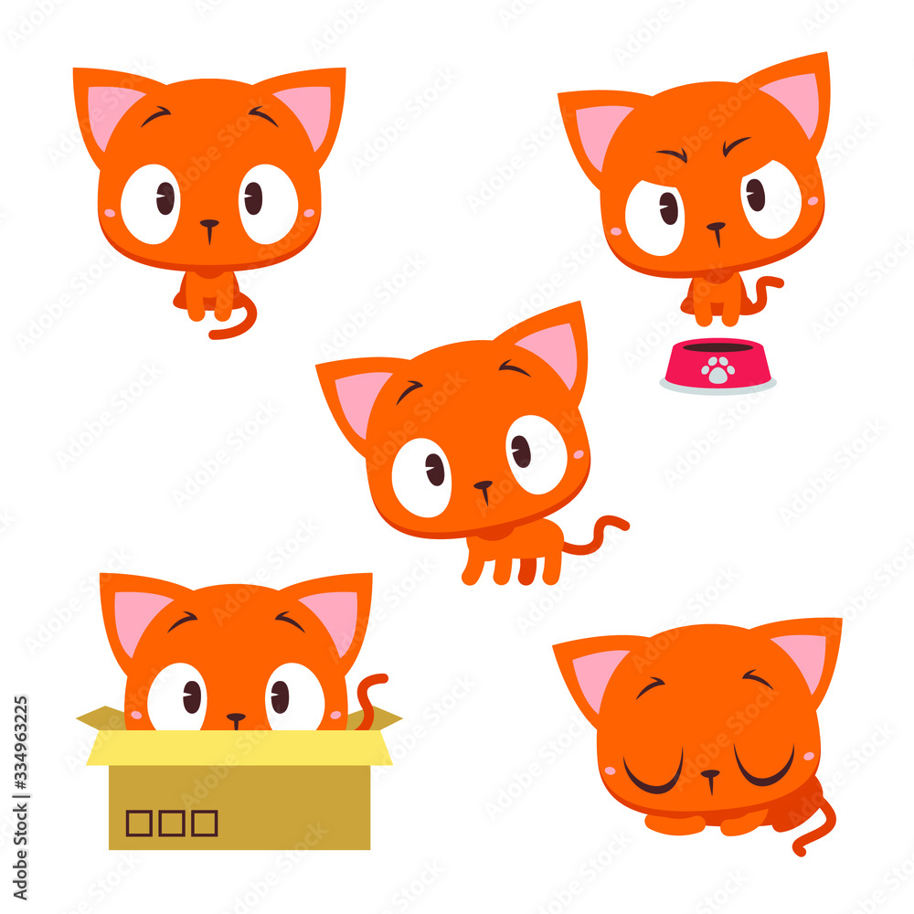 vector flat cartoon style red kitten set Stock Vector | Adobe Stock