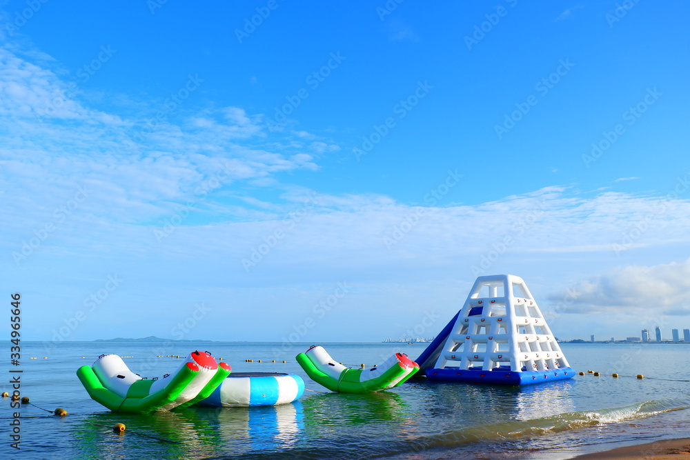 Balloon floating in the water Wind house floating in the sea Stock ...