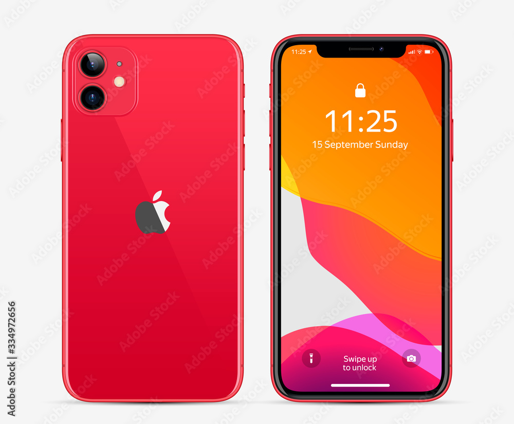 Smartphone Red color by Apple Inc. Mock-up, screen phone and back side ...
