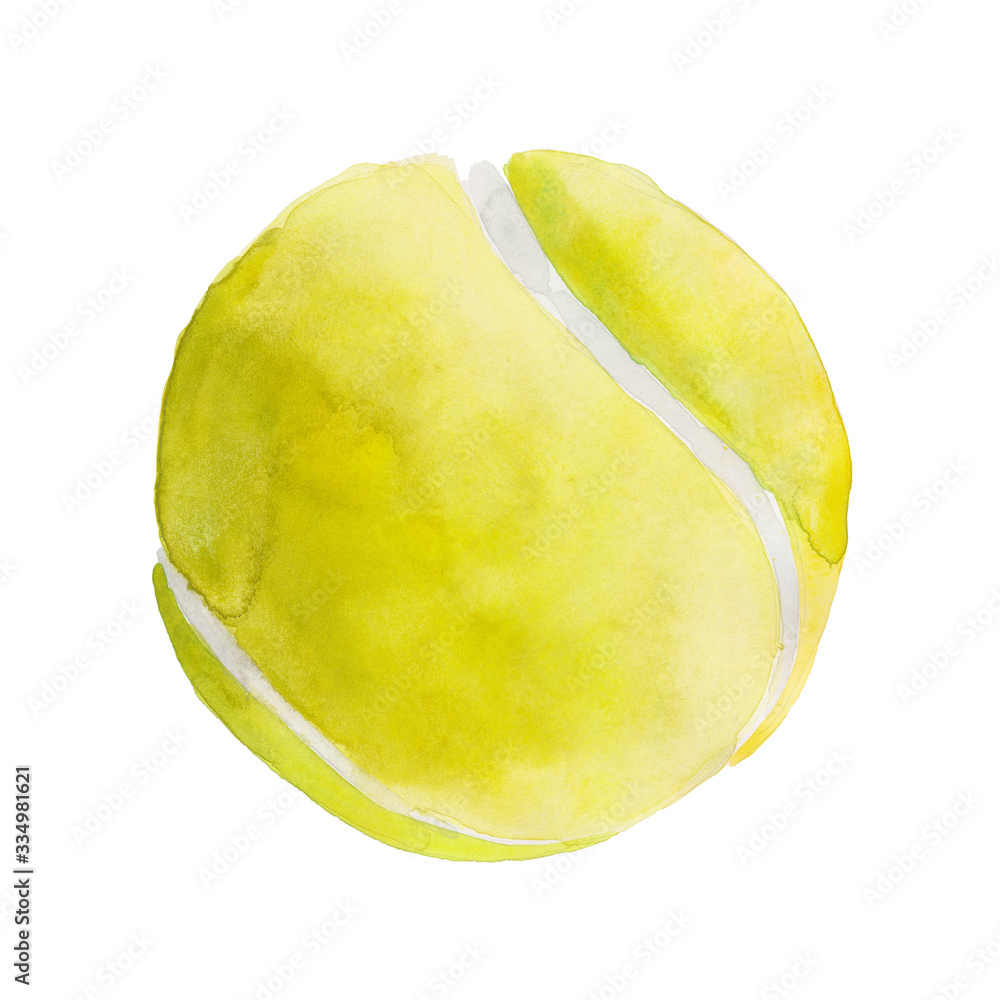 Hand-drawn watercolor illustration: yellow tennis ball isolated on ...