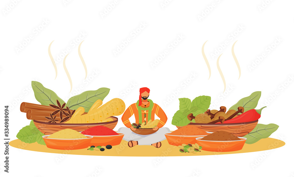 Indian spice shop flat concept vector illustration. Man sitting in ...