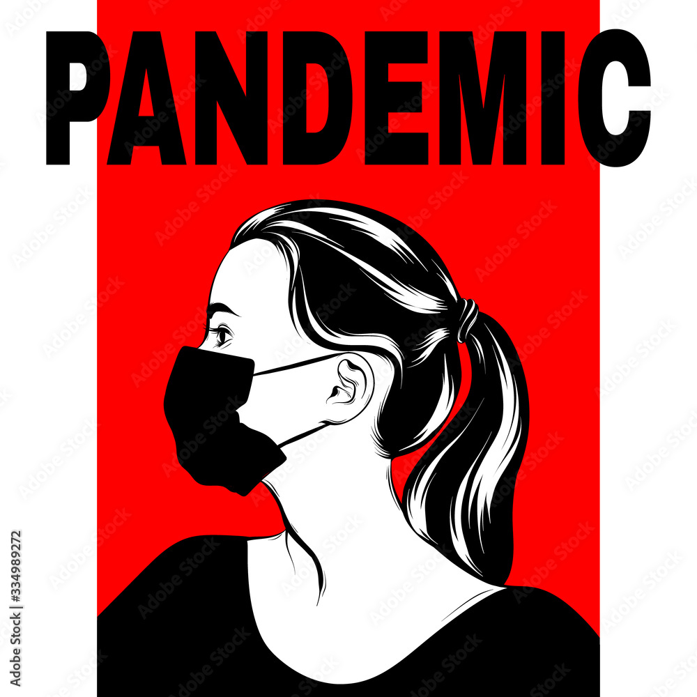 Pandemic. Vector hand drawn illustration of girl in face mask made in ...