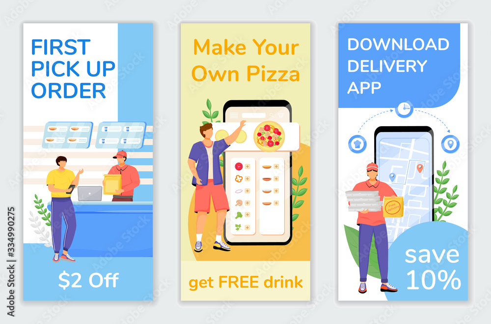 Fast food special offers flyers flat vector templates set. First ...