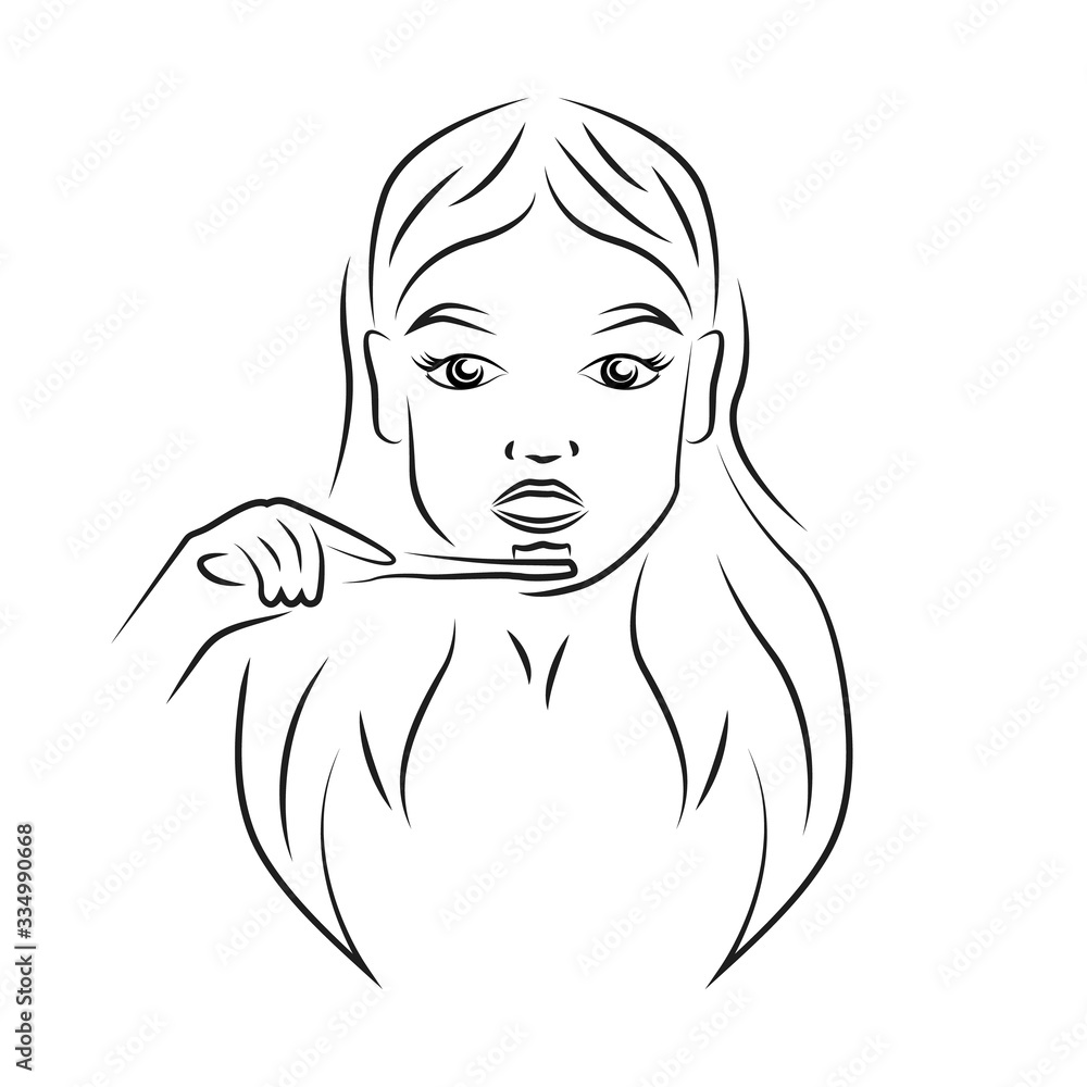 Woman Brushing Teeth Contour Portrait Vector Illustration Girl Face