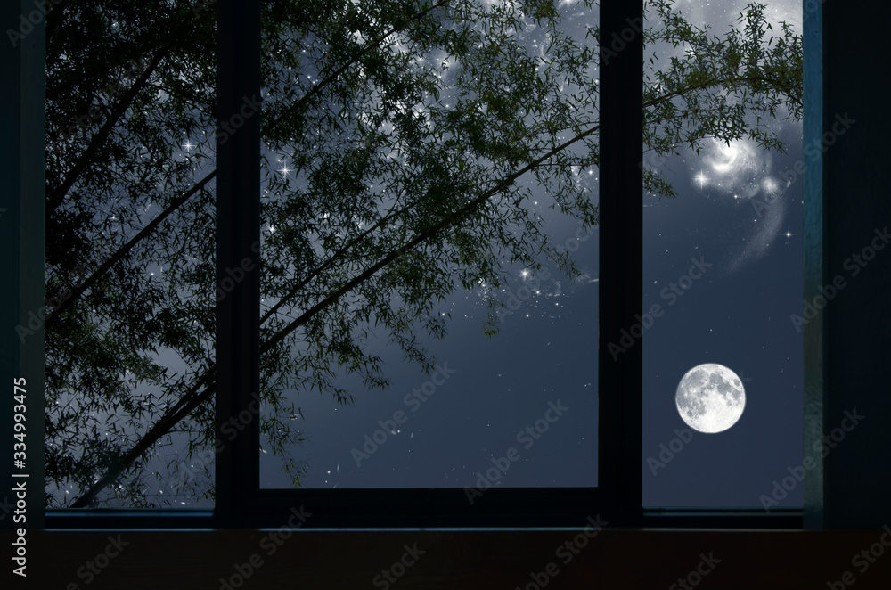 Bright moon and stars with bamboo tree in window view Stock Photo ...
