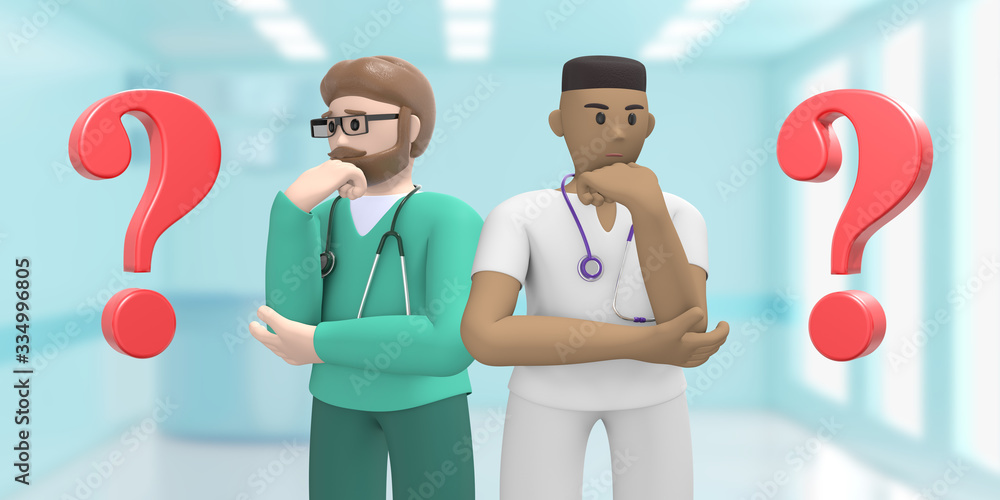 Multinational doctors white and african in the medical interior and ...