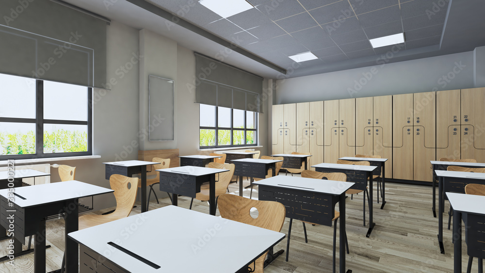 Modern classroom design with modern desk and seat 3D rendering Stock ...