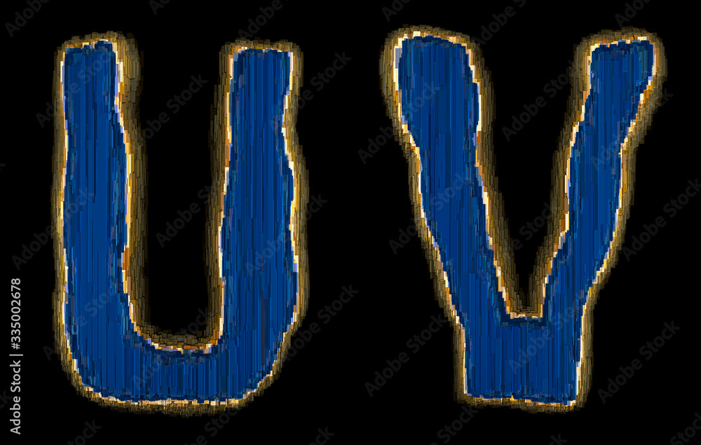 Set of alphabet letters U and V made of industrial metal blue color ...