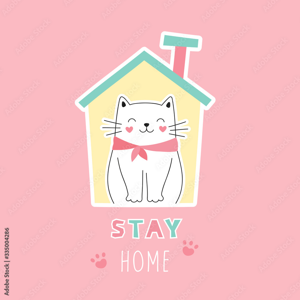 Cartoon cute cat in the house. Invocation Stay home. Vector ...
