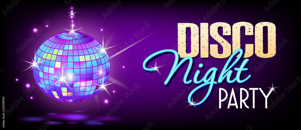 Disco party vector poster template with sparkles and glitter, glow ...