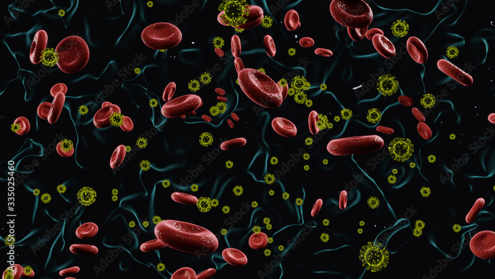 red blood cells and corona covid virus floats in the vein cgi 3d render ...