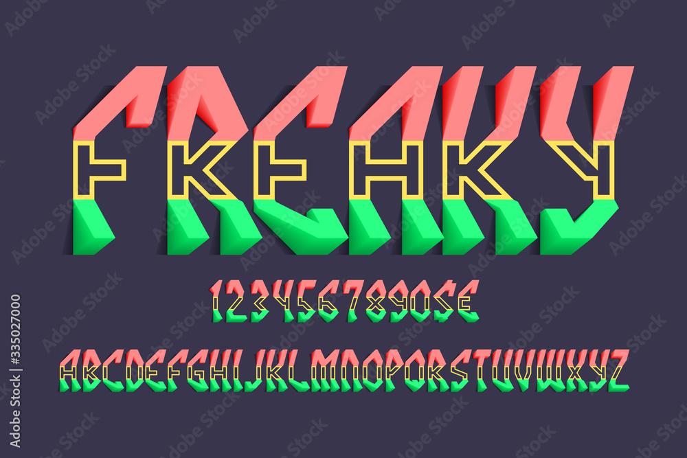 Volumetric freaky alphabet with numbers and currency signs. 3d tricolor ...