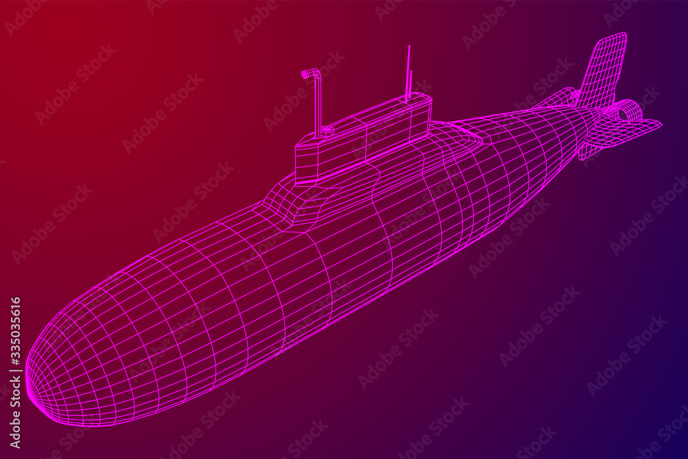 Military atomic submarine underwater boat. Wireframe low poly mesh ...