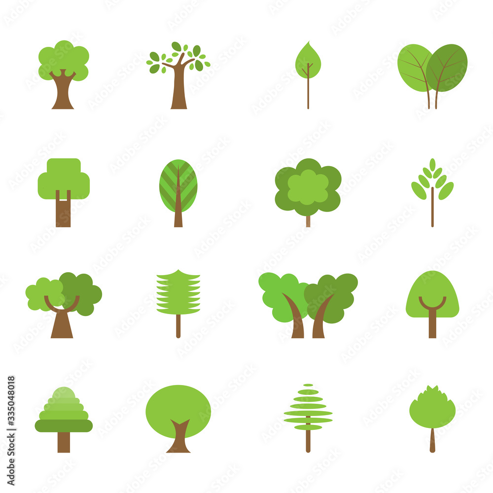 Flat icon tree collection isolated on white background.Green forest ...