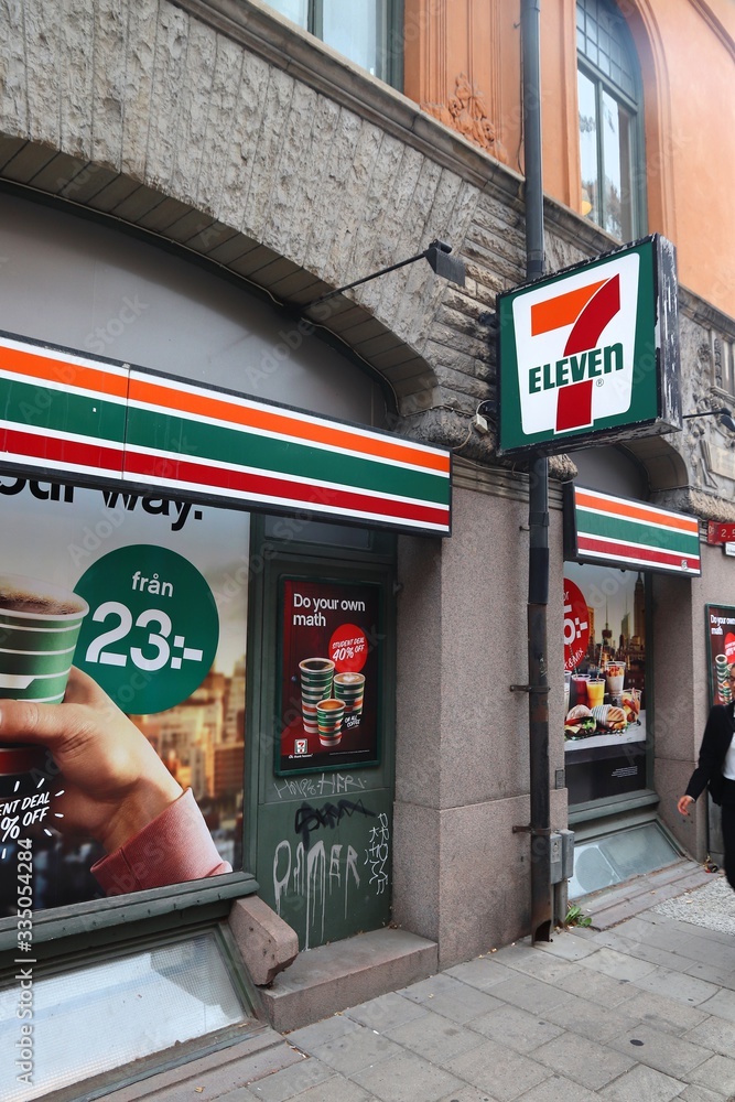 STOCKHOLM, SWEDEN - AUGUST 24, 2018: 7-Eleven convenience store in Stockholm, Sweden. 7-Eleven ...