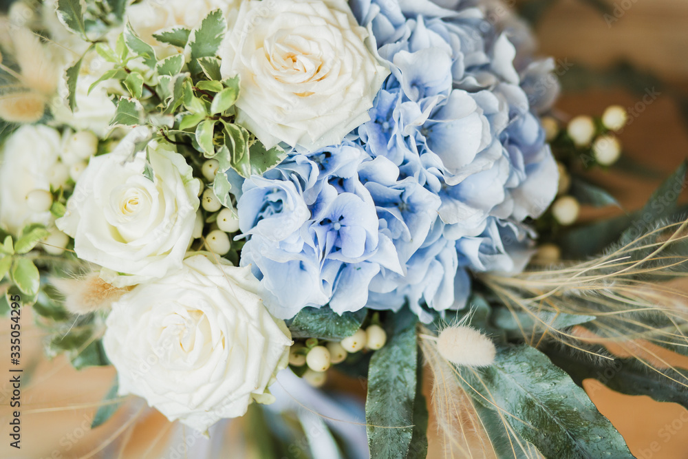Wedding bouquet for the bride. Flowers in blue, white colors ...