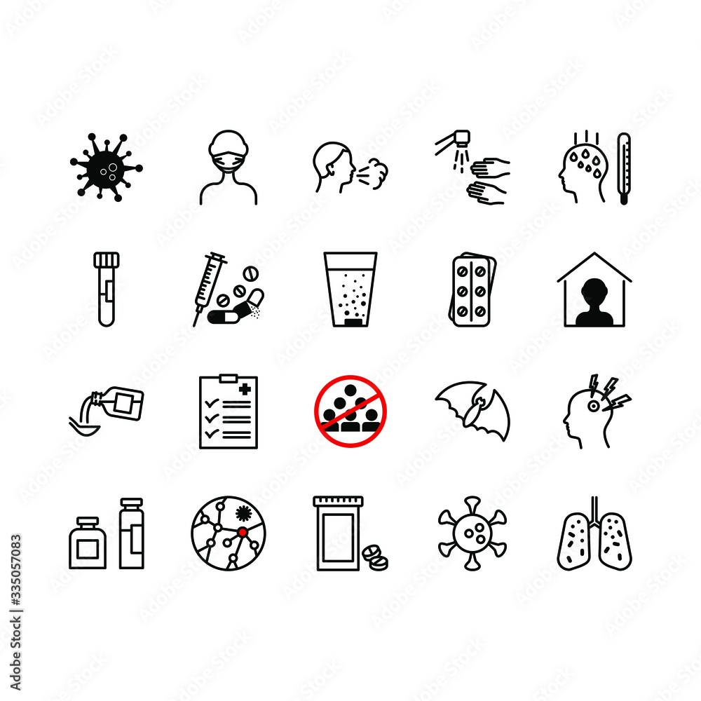 Flu disease prevention, cold symptoms flat line icons set. Fever ...