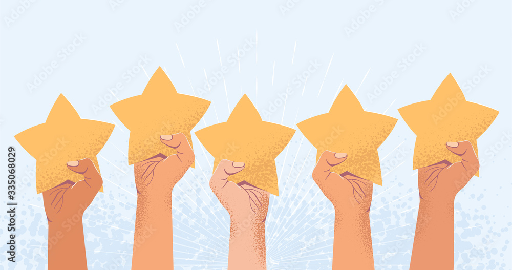 Five raised arms holding five stars. Costumer client review or feedback ...