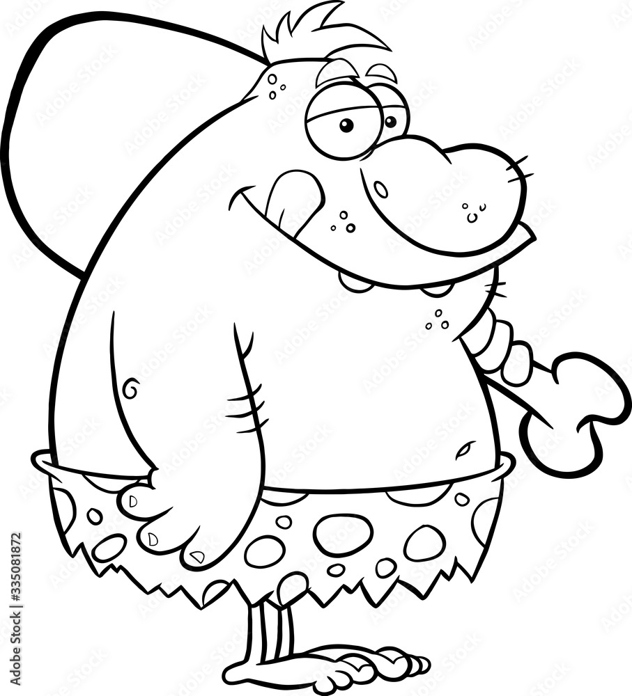 Vecteur Stock Black And White Fat Caveman Cartoon Character With Big ...