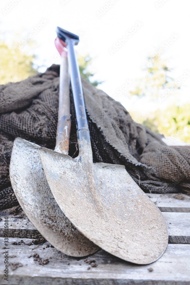 Pala parada sobre el suelo apoyada en mallas Stock Photo | Adobe Stock