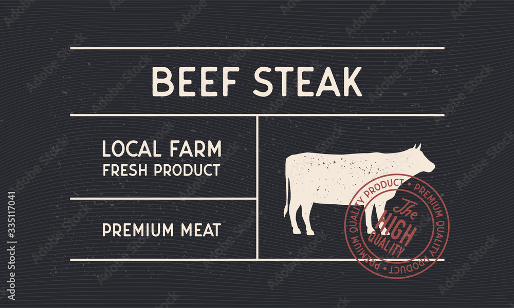 Beef Steak vintage label for Butcher shop. Minimal design of old label ...