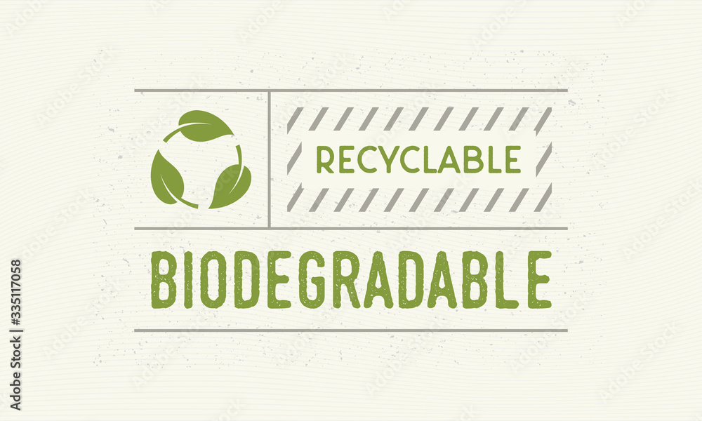 Biodegradable and recyclable vintage label. Old label with leaf icons ...