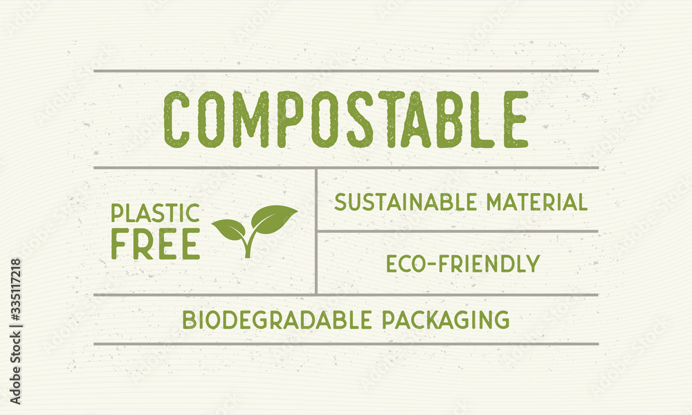 Compostable packaging vintage label. Old label with plant icon. Trendy ...
