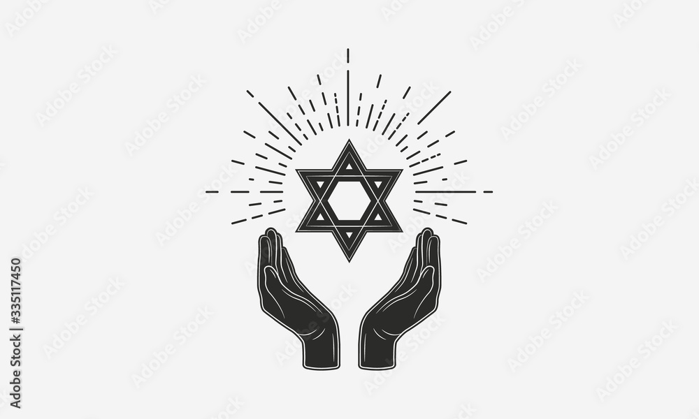 Vintage Jewish logo. Hands with Star of David and sunburst. Jewish icon ...