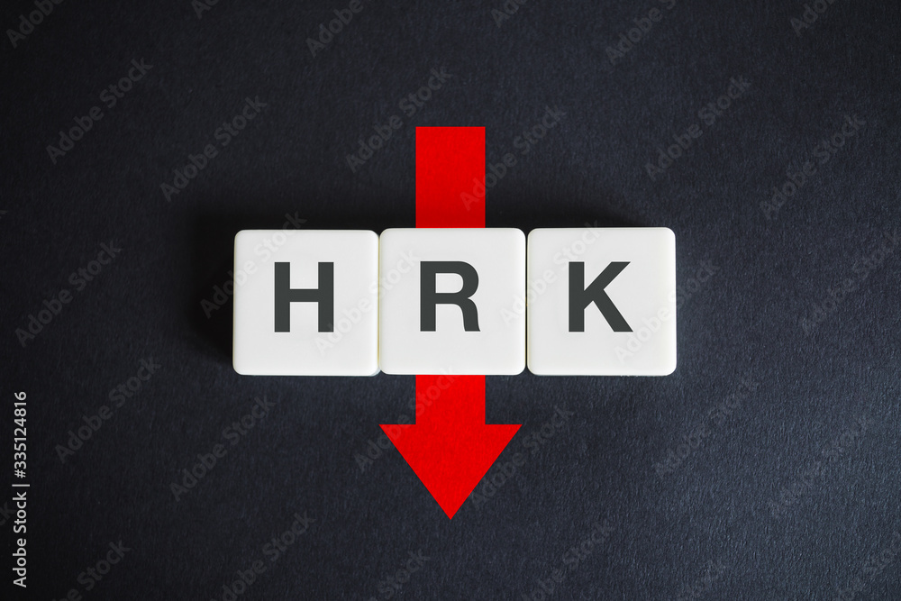 Croatian kuna alphabetic currency ISO code (HRK) and down red arrow on ...