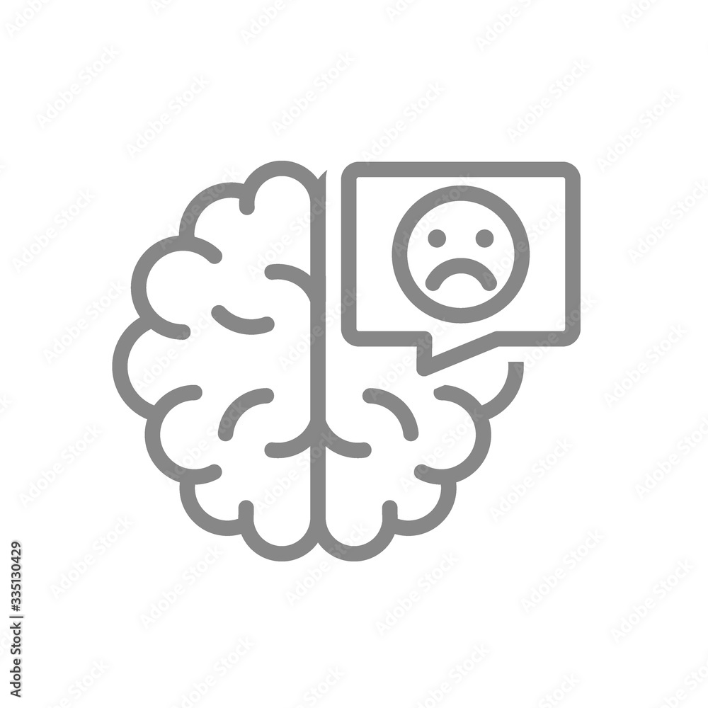 Brain With Sad Face In Speech Bubble Line Icon Diseased Internal Organ brain-with-sad-face-in-speech-bubble-line-icon-diseased-internal-organ