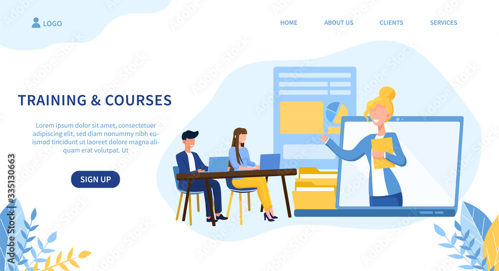 Illustrated training and courses theme with online teacher teaching ...