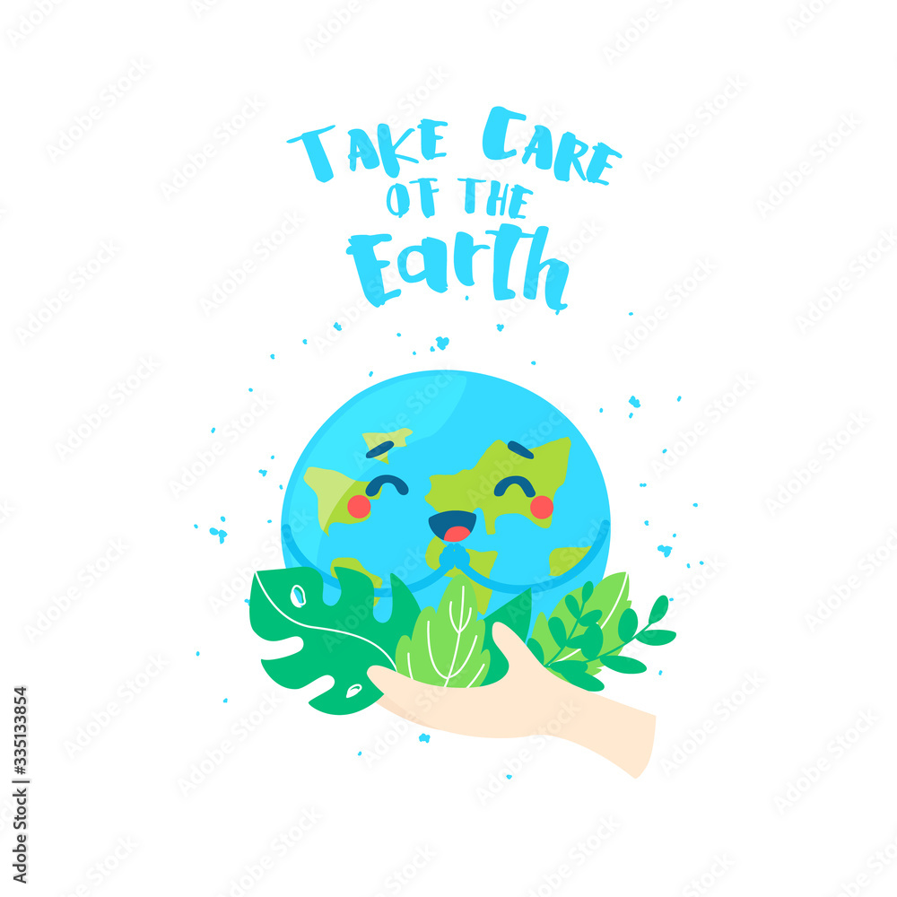Cute cartoon planet in human hand with palm leaves. Take care of the ...