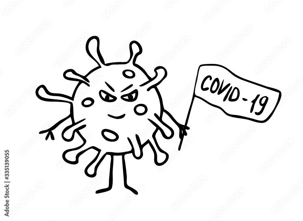 Smiling angry coronavirus virus with flag and inscription COVID-19 ...