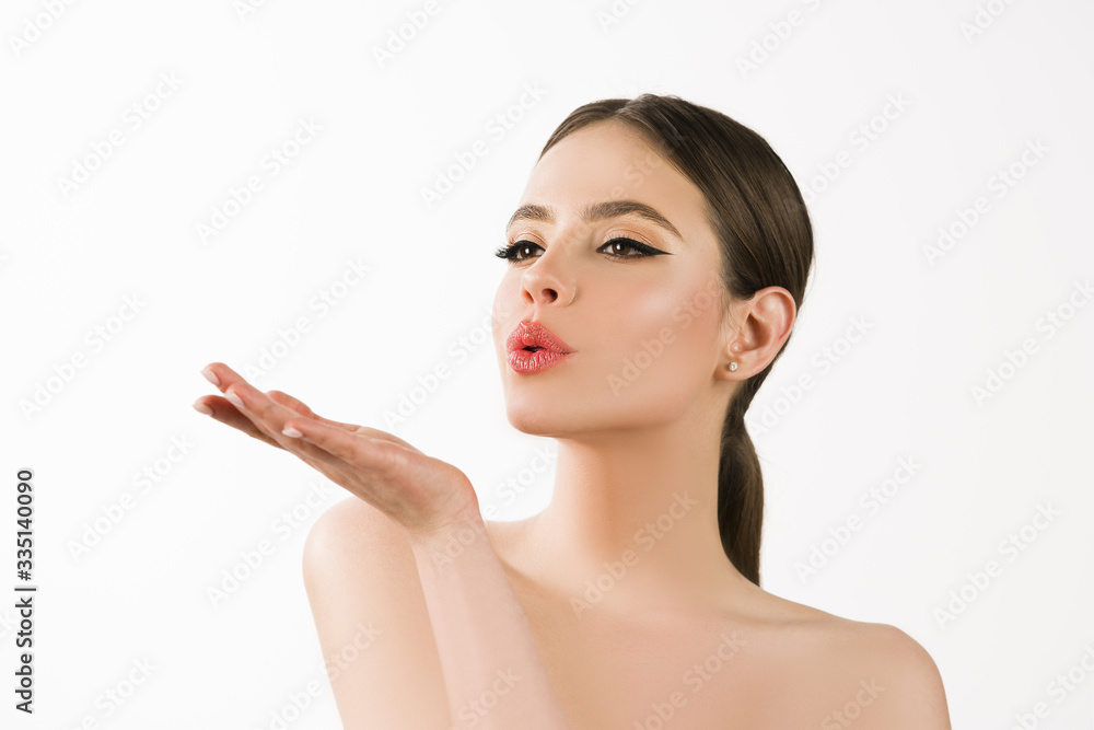 Kiss. Portrait of cute lovely girl sending blowing kiss with pout lips ...