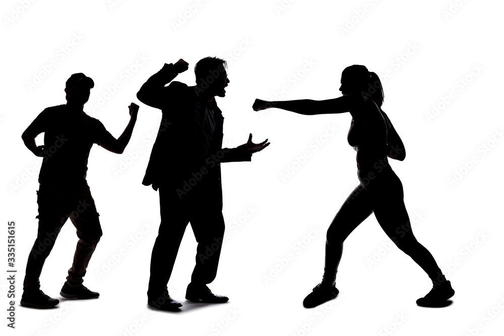 Silhouette of a group of people punching. The crowd is isolated on a ...