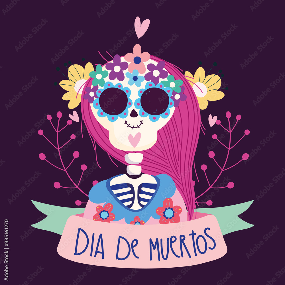 day of the dead, woman skeleton catrina flowers ribbon traditional ...