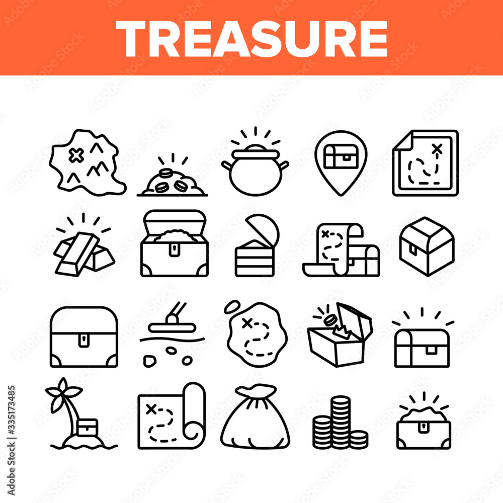 Treasure Pirate Gold Collection Icons Set Vector. Treasure Chest And ...