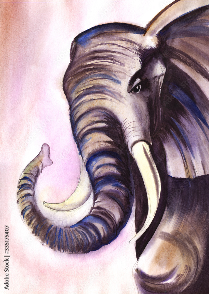 Watercolor drawing of African elephant in grey and blue tones on beige ...
