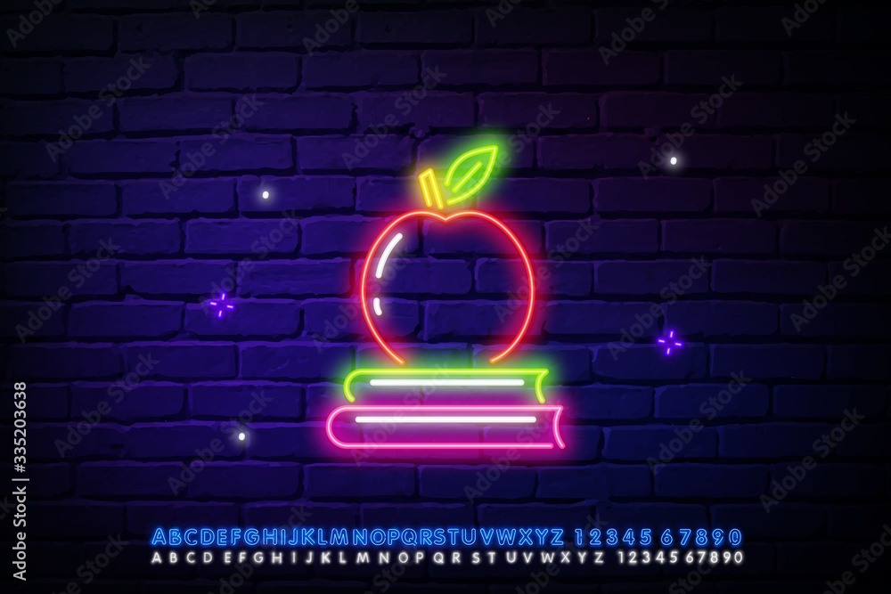 Neon sign for school subjects. The red Apple is on the books. Let's go ...