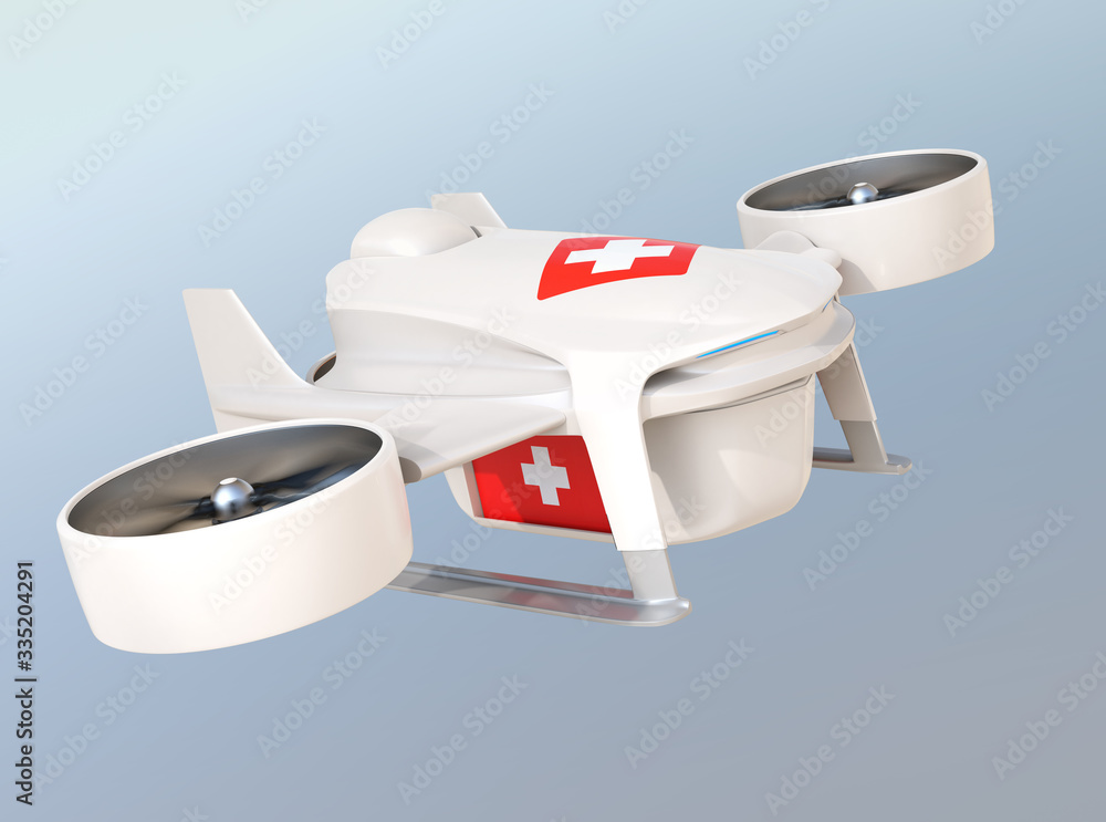 Electric VTOL delivery drone carry medical kit. Touchless security ...