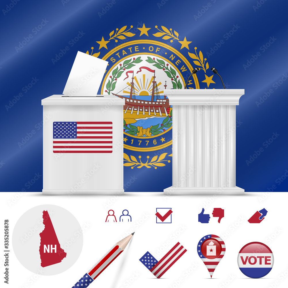 Presidential elections in New Hampshire. Vector flag, ballot box ...