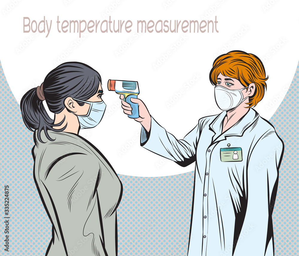 Female officers use body temperature measuring devices for people. Pop ...