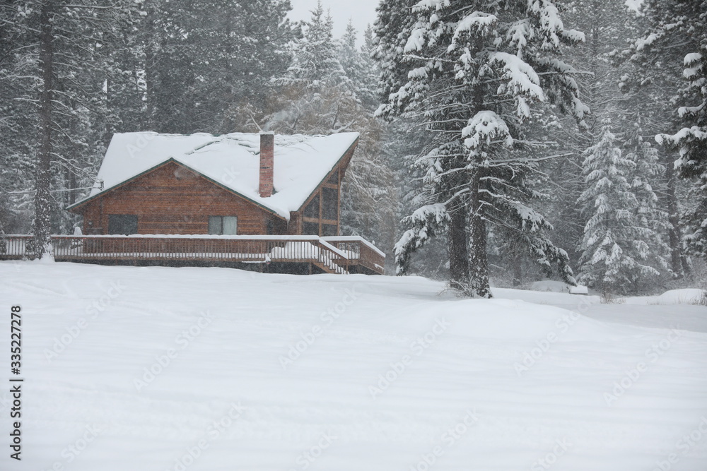 WInter snowy cabin house exterior with forest and pine trees and snow ...