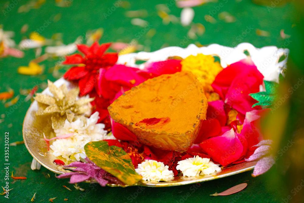 Traditional wedding ceremony in Hinduism: Turmeric in plate for haldi ...
