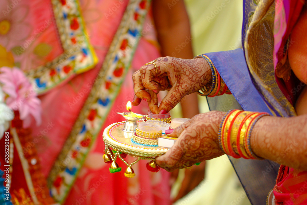 Indian traditional wedding ceremony : Decorative puja thali Stock Photo ...