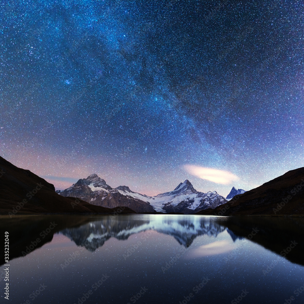 Incredible night view of Bachalpsee lake in Swiss Alps mountains. Snowy ...